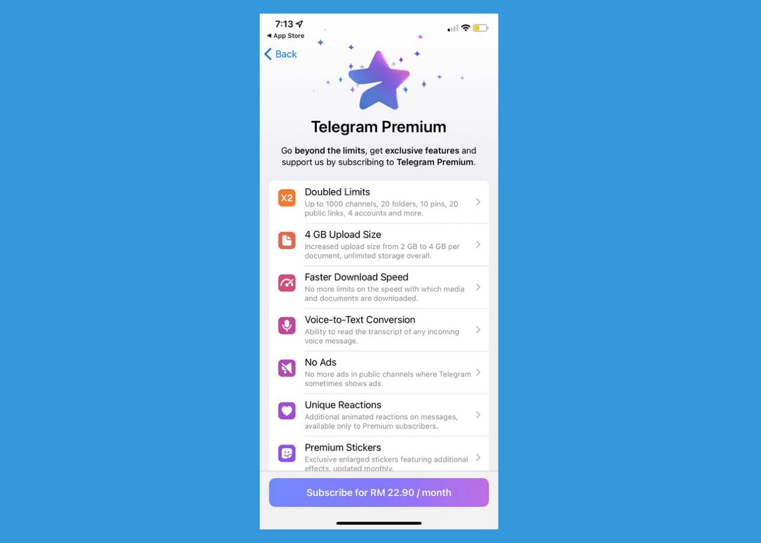 Telegram Premium 订阅服务正式推出：“星星”认证徽章、4GB上载容量、专属动画贴图，每月RM22.90！ - Zing Gadget