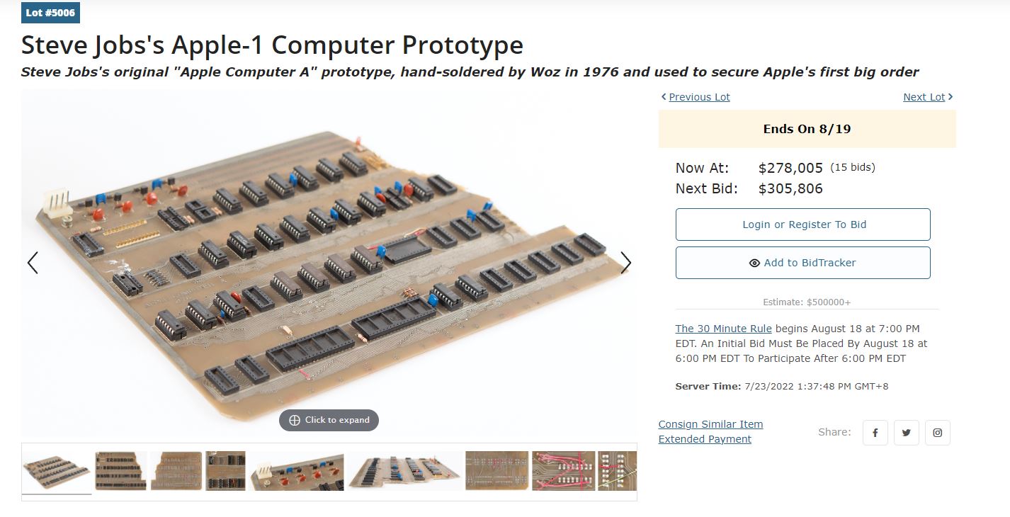最终成交价有望高达 50 万美元！Steve Jobs 曾使用的 Apple Computer A 原型机电路板公开拍卖！ - Zing Gadget
