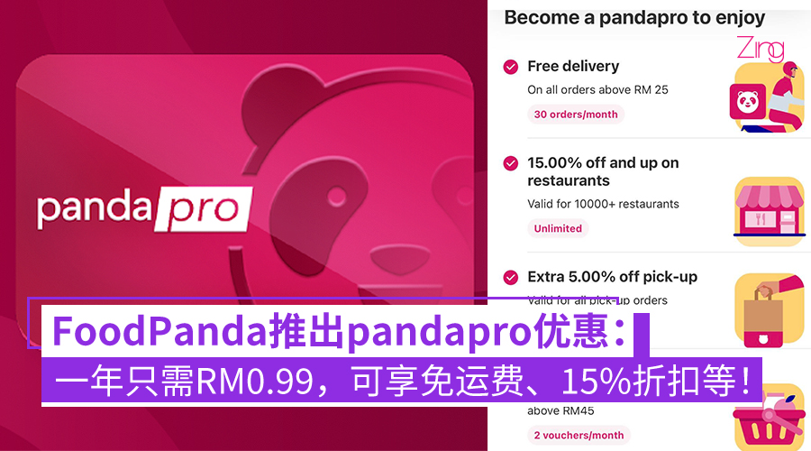 FoodPanda推出pandapro优惠：一年只需RM0.99，即可享有30次免运费、15%折扣等福利！ - Zing Gadget