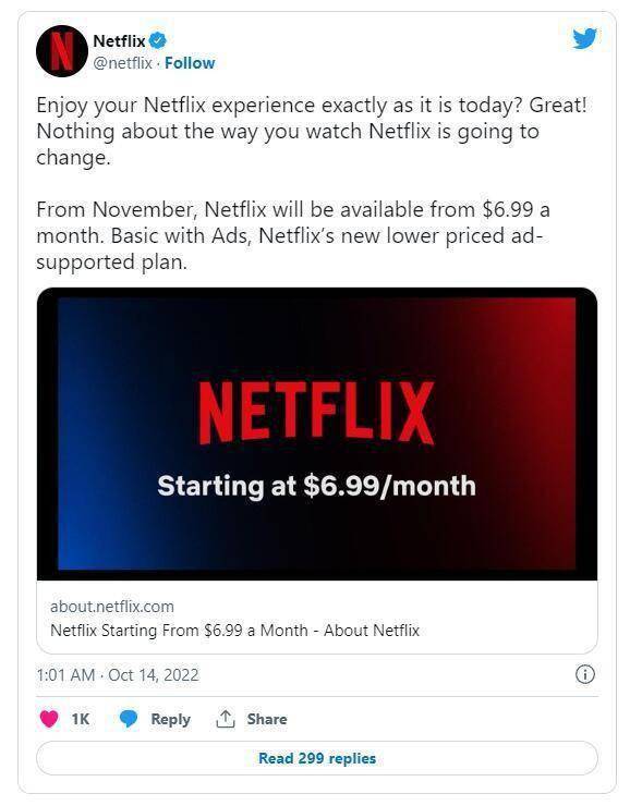 更便宜！Netflix含广告配套正式公布：每月6.99美元，每小时将出现4-5分钟的广告！