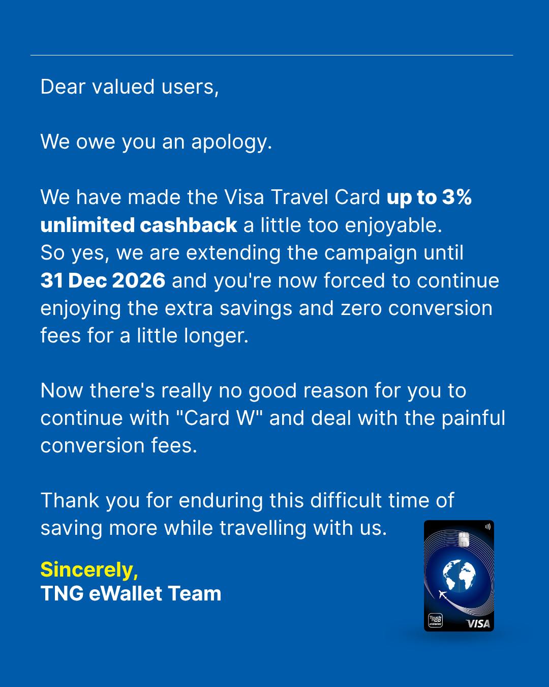 常出国的赚到了！TNG eWallet Visa Travel Card 延长回扣活动，海外刷卡享高达 3% 回扣至 2026 年底！